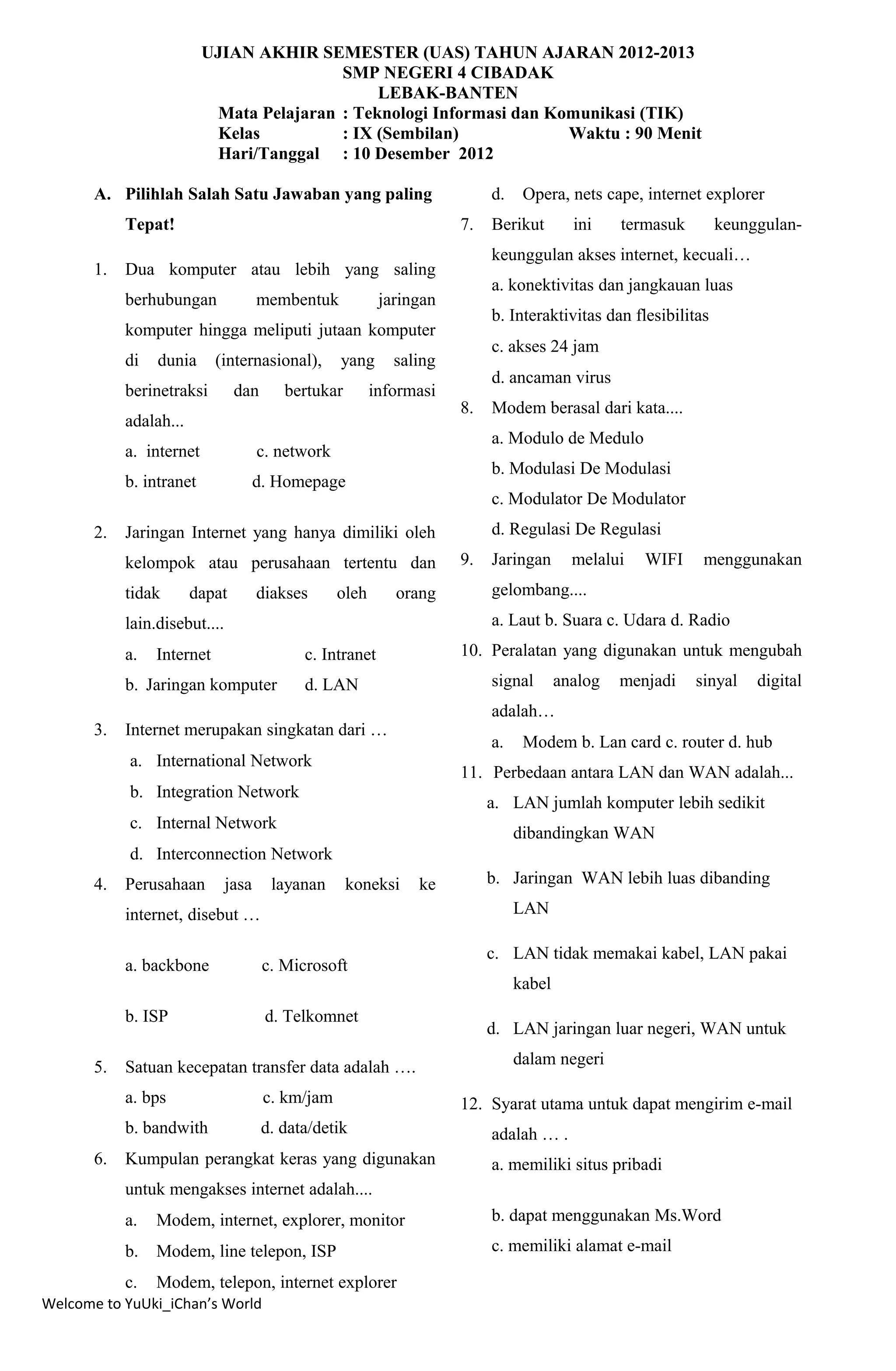 Soal uas tik kelas ix semester i | DOC