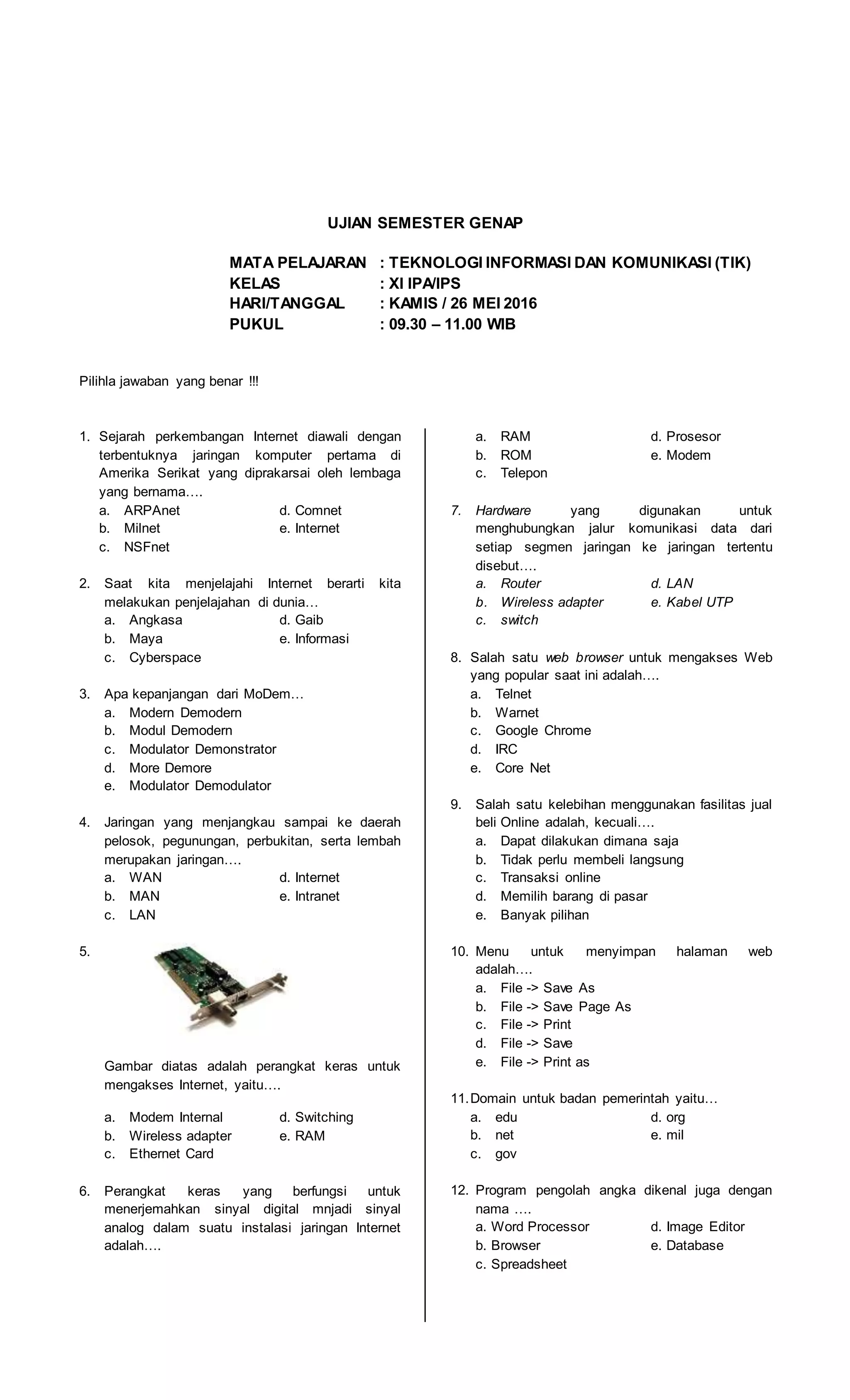 Soal uas xi tik | PDF