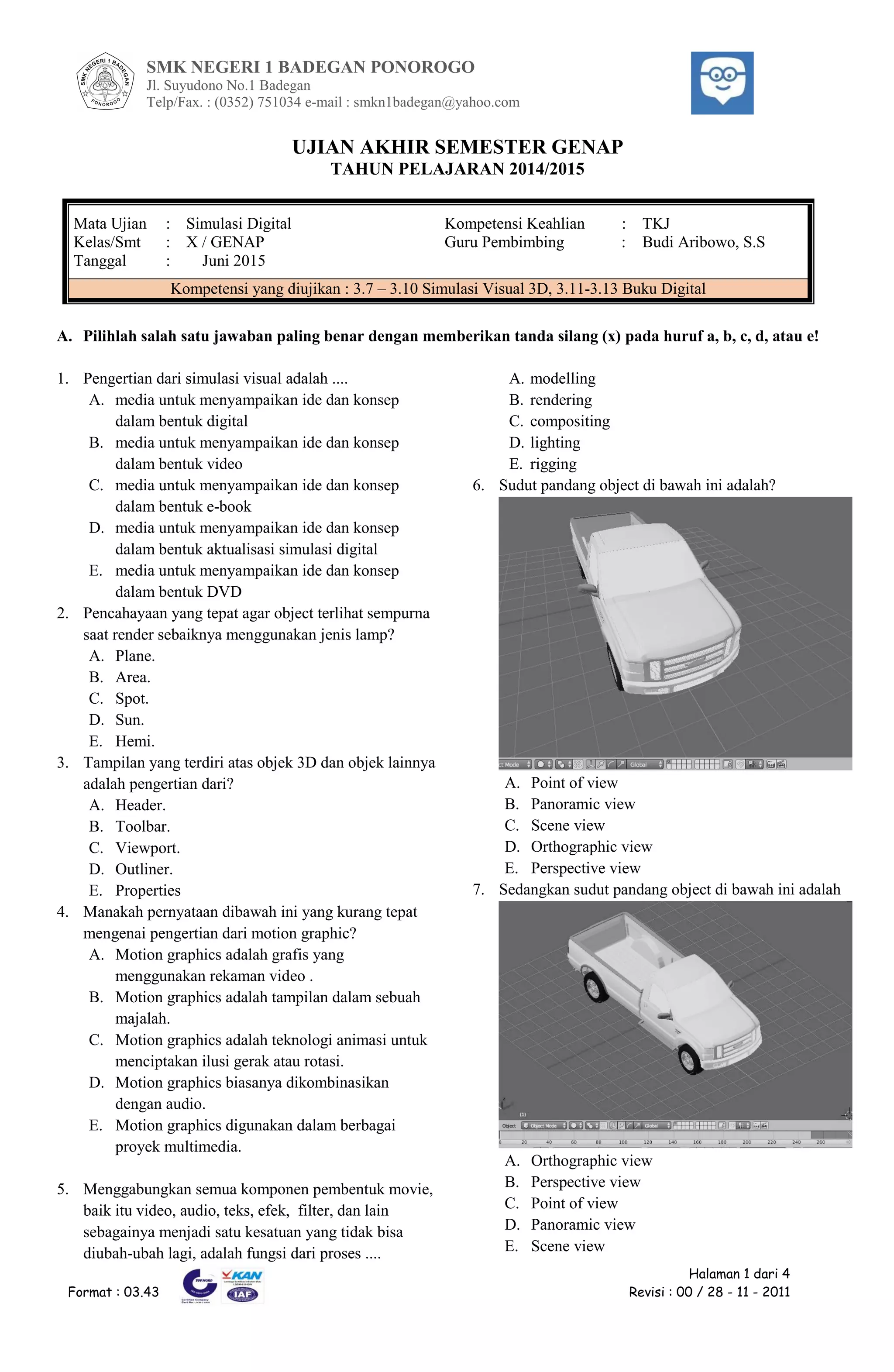 Soal uas x simdig smt genap 14 15 | PDF