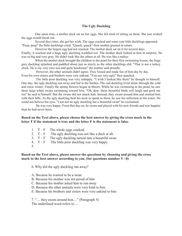 soal untuk SMP kls 8 Narrative text ugly duckling.docx | Birds | Pets