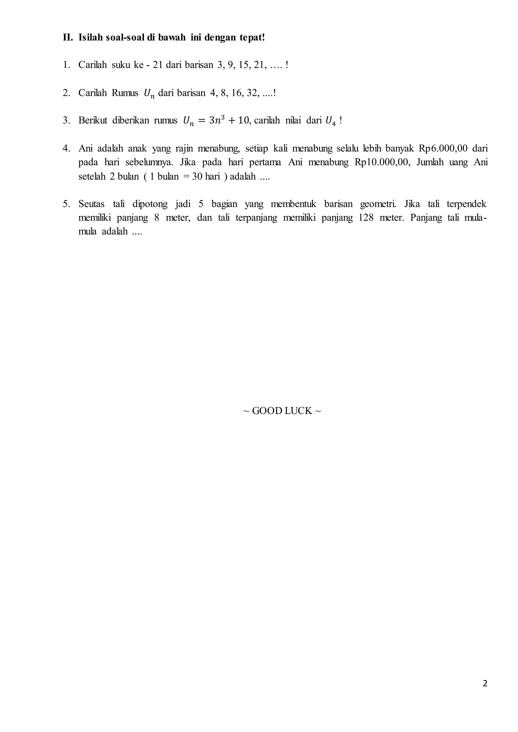 Soal uh matematika bab v kelas ix | DOCX