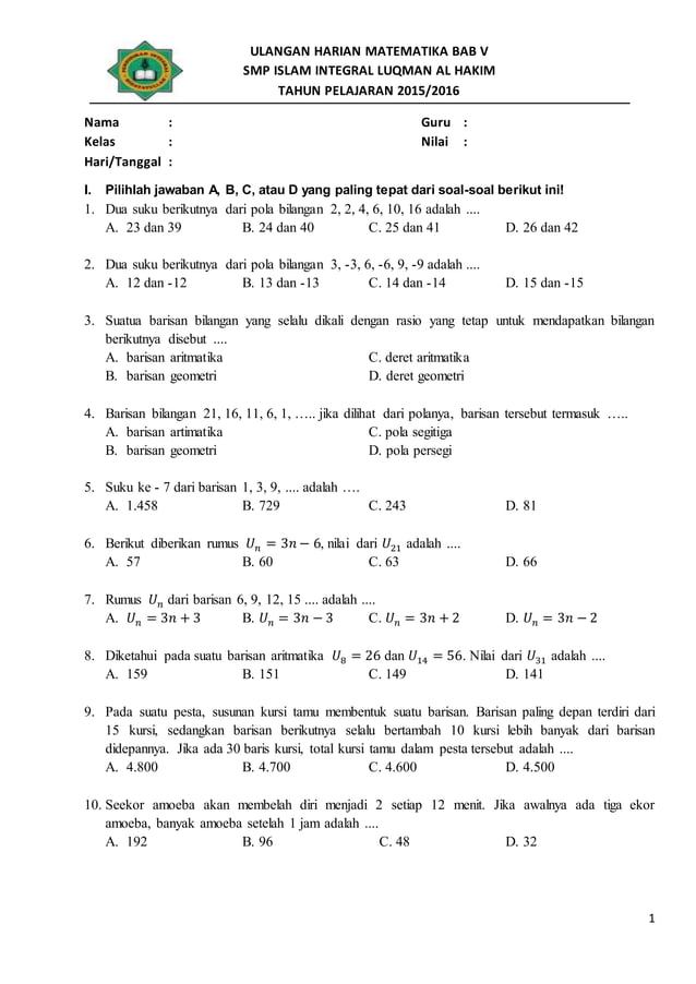 Soal uh matematika bab v kelas ix | PDF