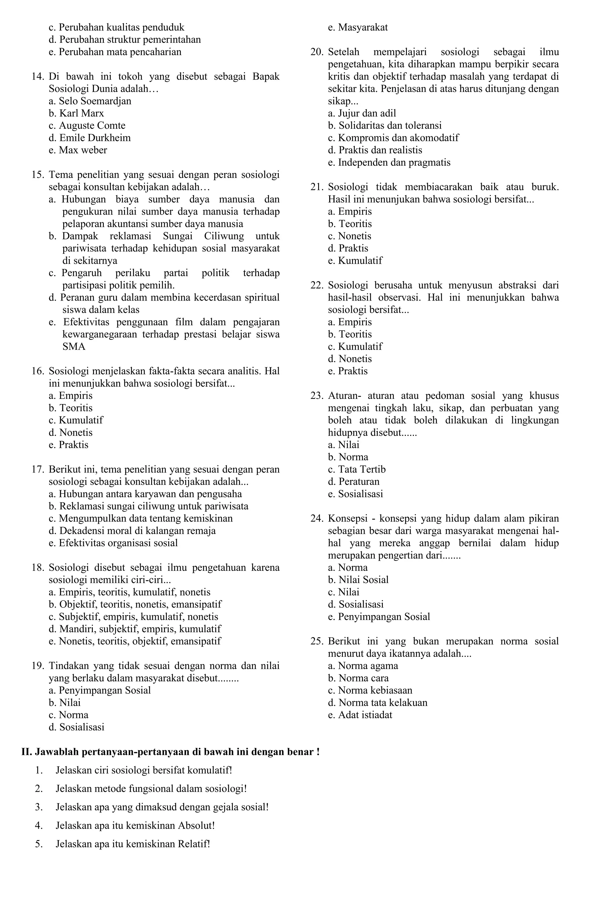 Soal Ulangan Harian Bersama ganjil 23 Sosiologi | PDF