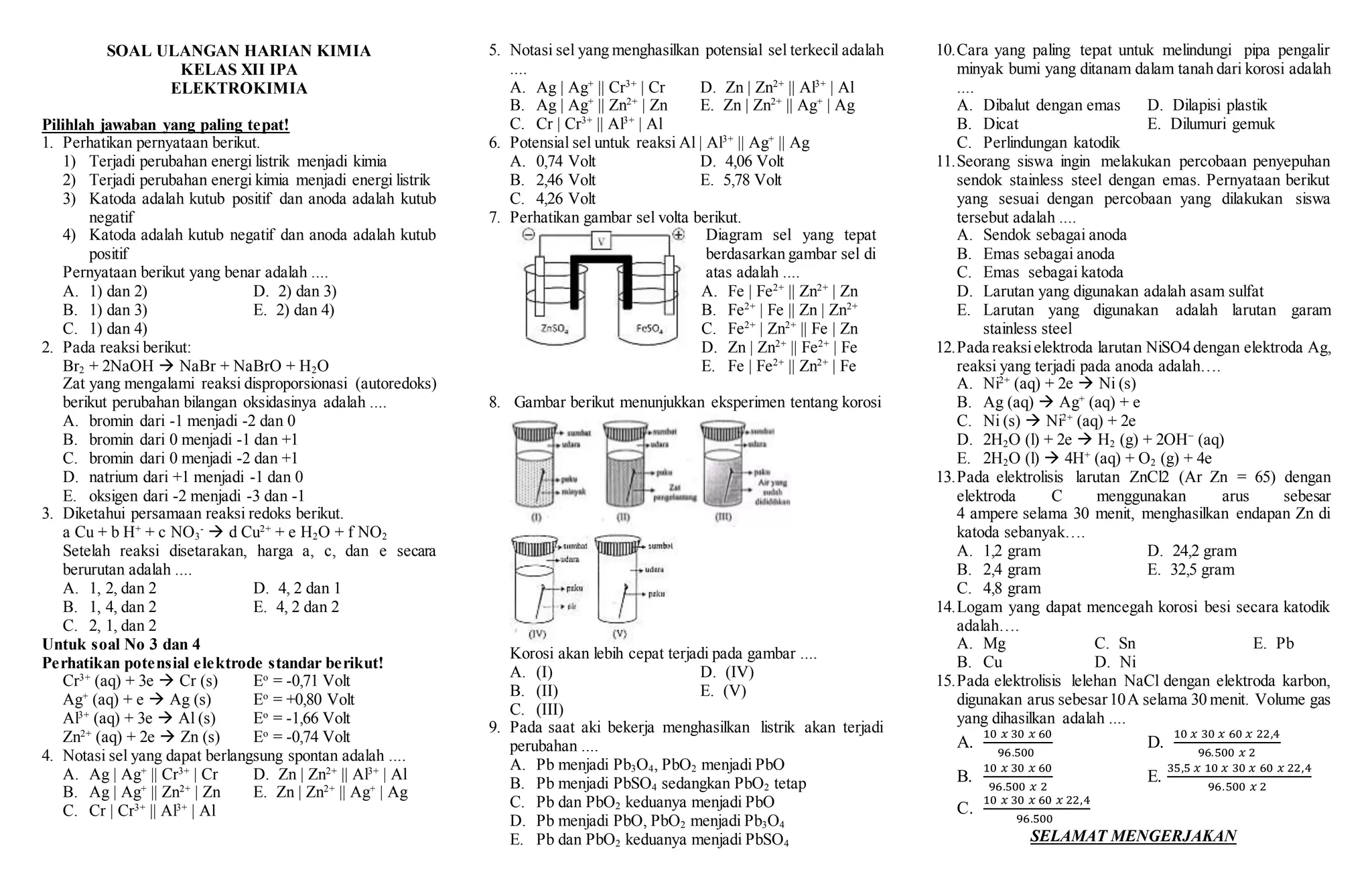Soal uh redoks elektrokimia | DOCX