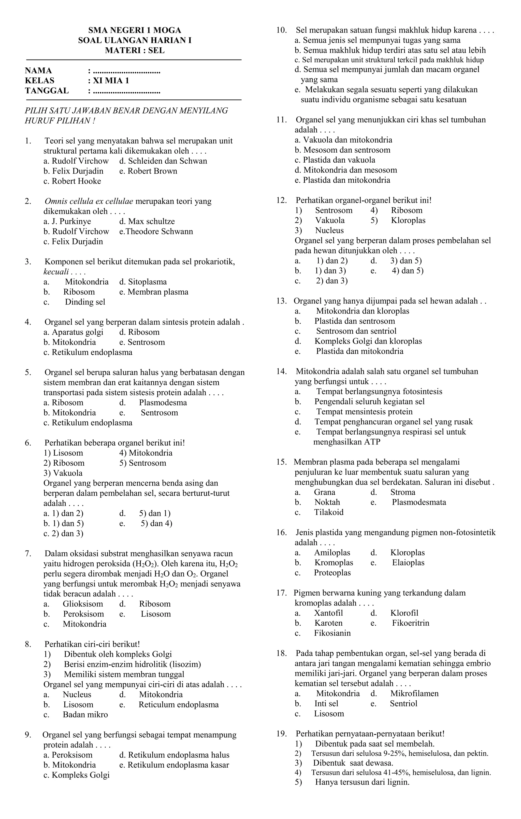 Contoh Soal ulangan harian sel kelas XI | DOCX