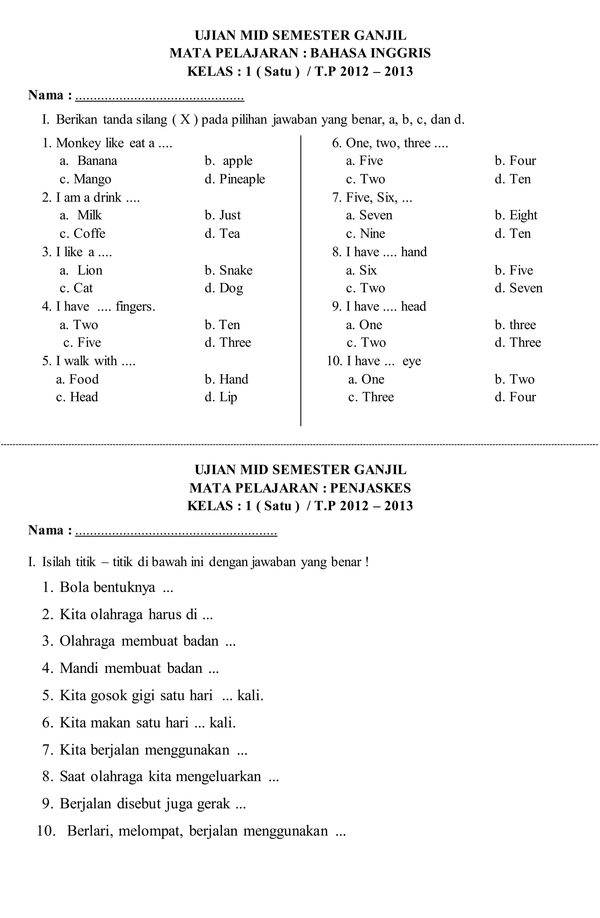 Soal ujian mid semester ganjil 2012 2013 kls 1 dan 2 | DOCX