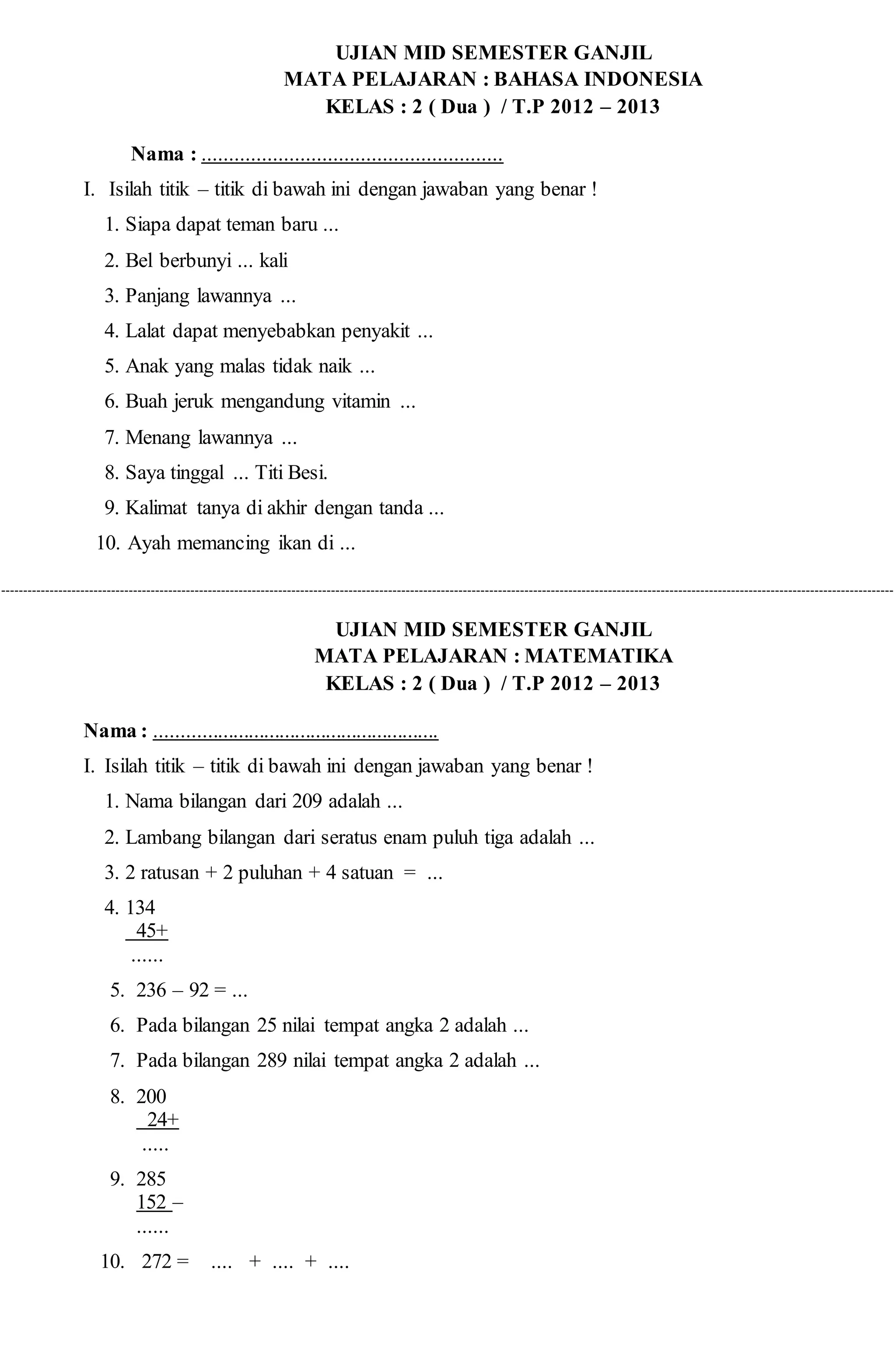 Soal ujian mid semester ganjil 2012 2013 kls 1 dan 2 | DOCX