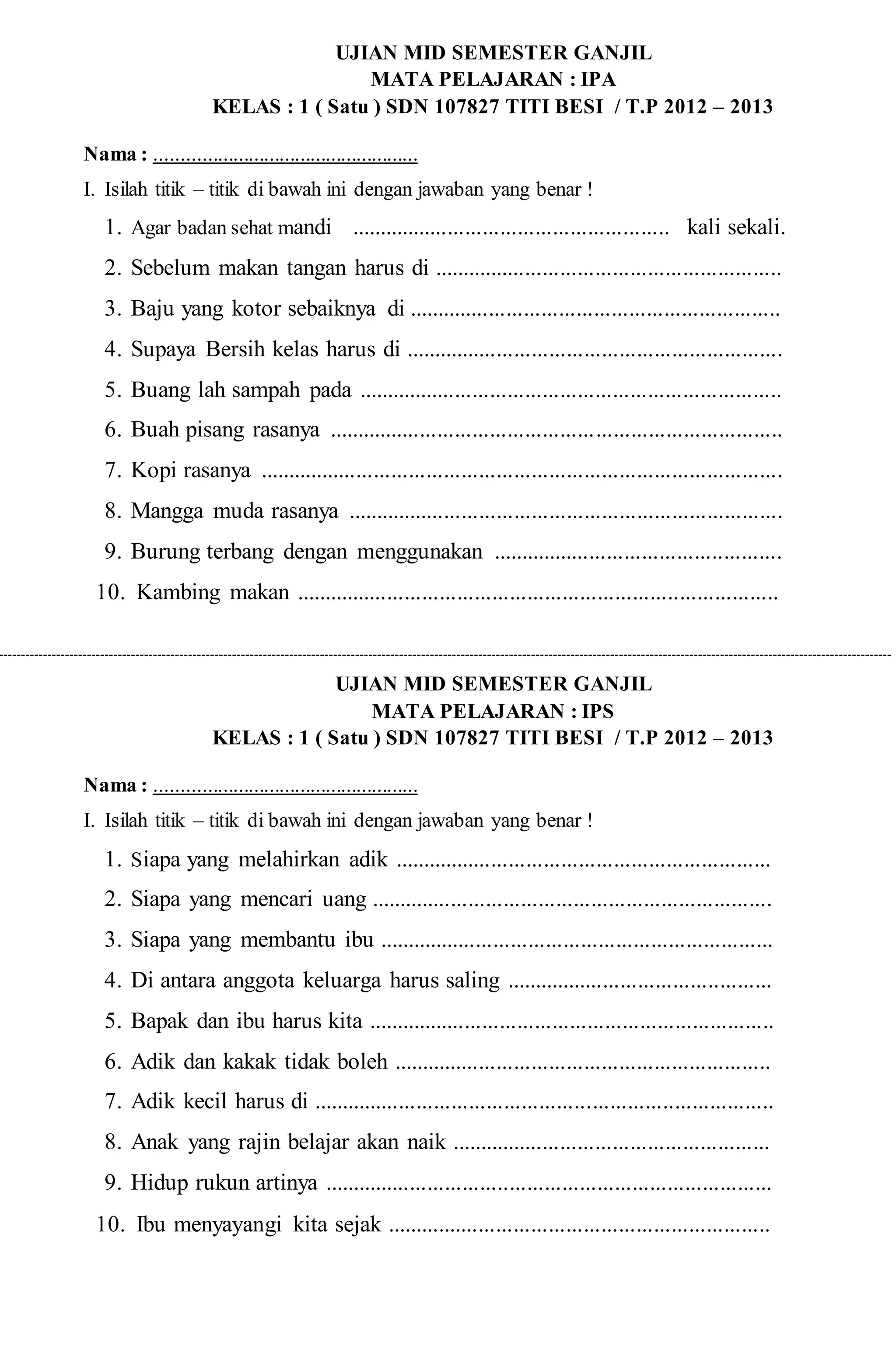 Soal ujian mid semester ganjil 2012 2013 kls 1 dan 2 | DOCX