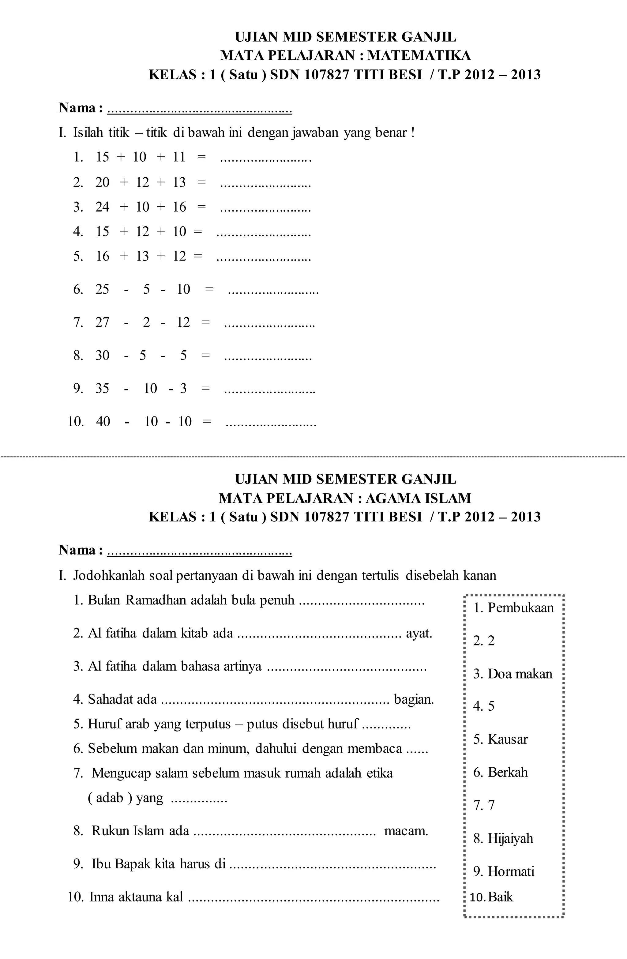 Soal ujian mid semester ganjil 2012 2013 kls 1 dan 2 | DOCX