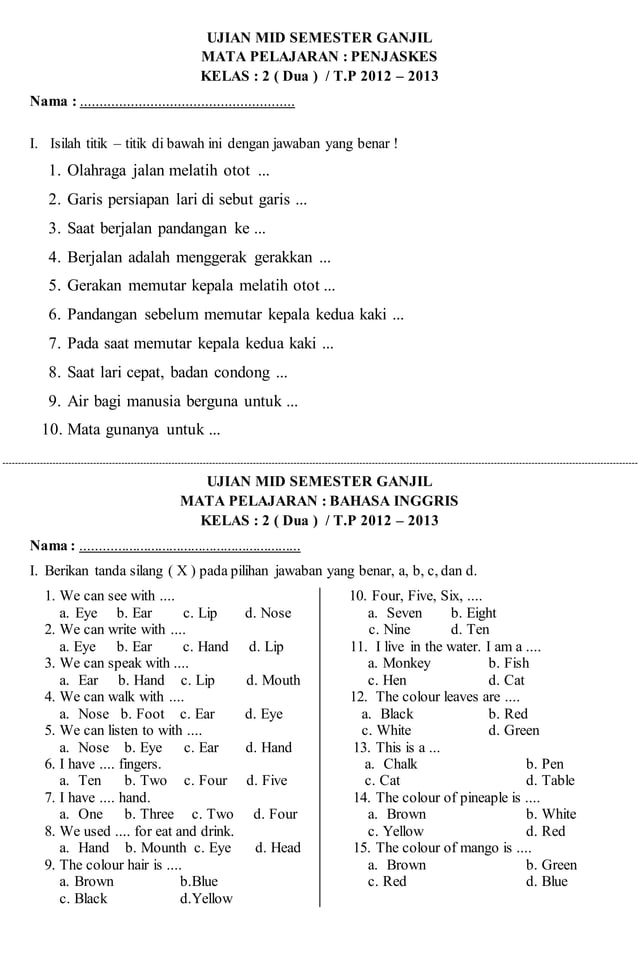 Soal ujian mid semester ganjil 2012 2013 kls 1 dan 2 | PDF | Free Download