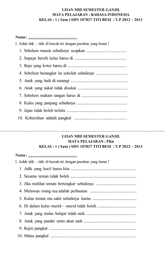 Soal ujian mid semester ganjil 2012 2013 kls 1 dan 2 | DOCX