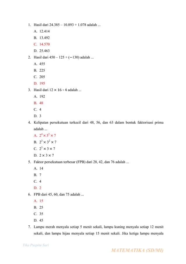 Soal ujian sekolah matematika sd dan mi | PDF