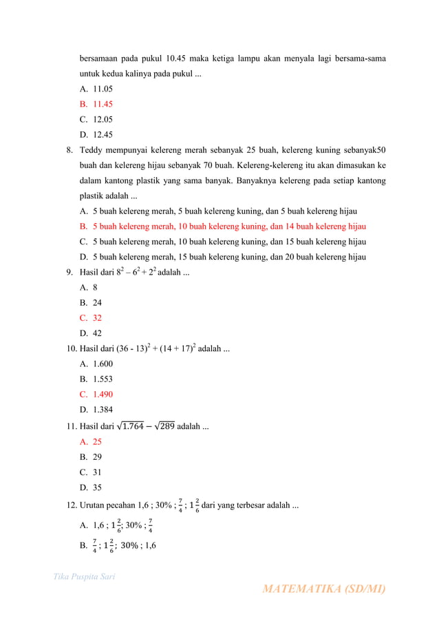 Soal ujian sekolah matematika sd dan mi | PDF