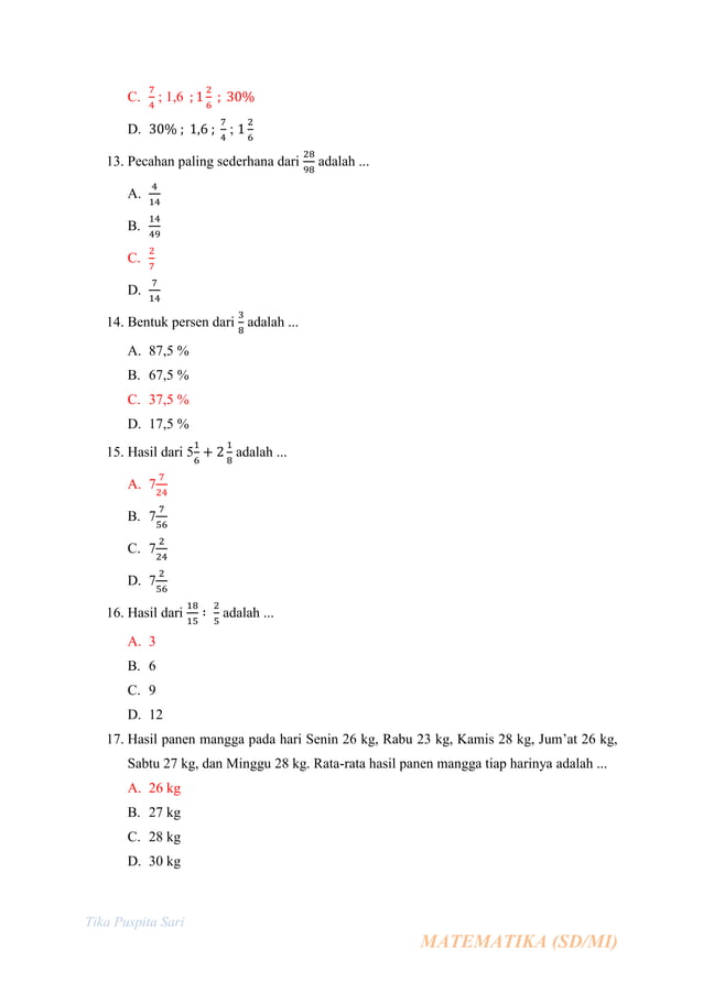 Soal ujian sekolah matematika sd dan mi | PDF