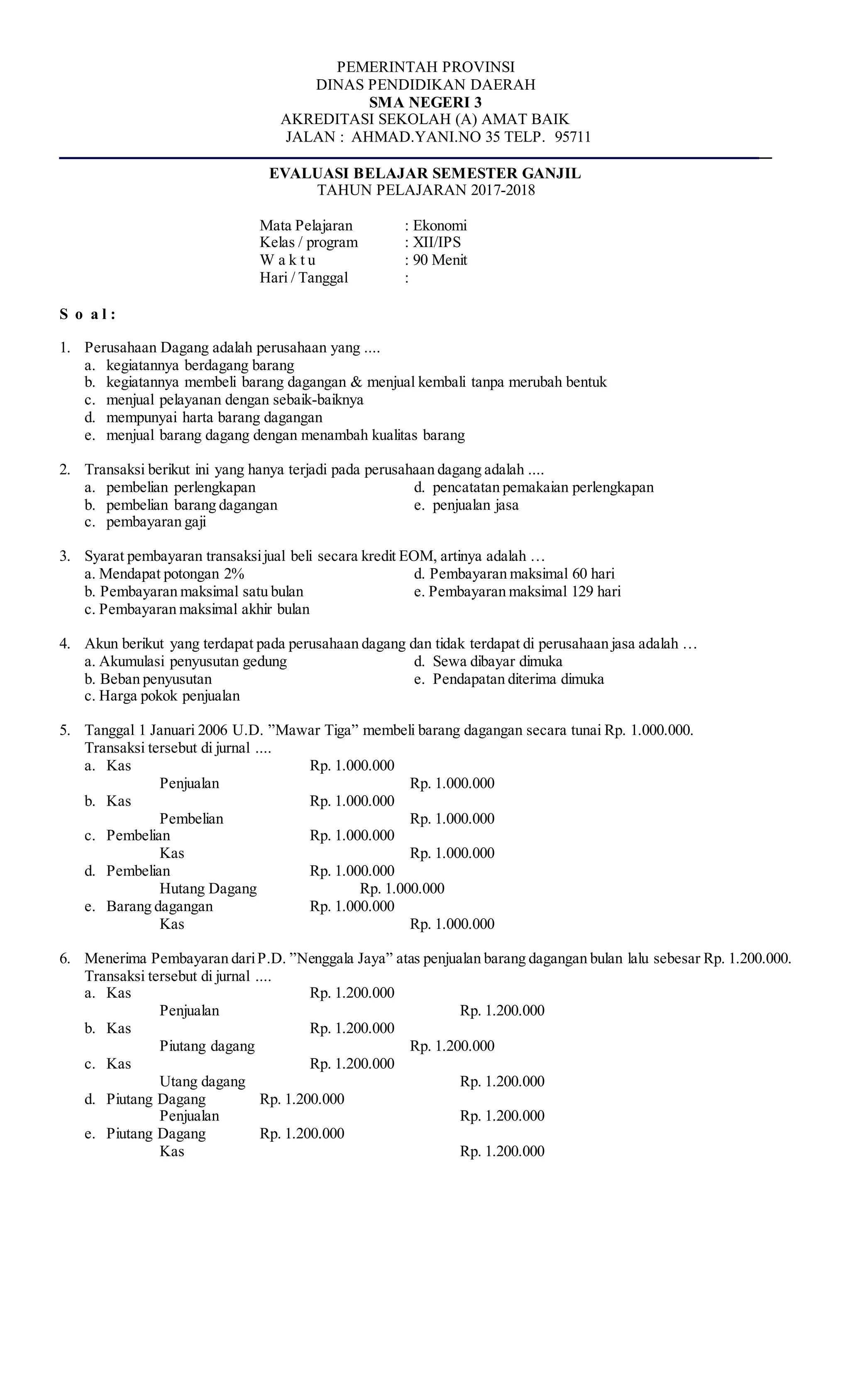Soal ujian semester ekonomi xii | PDF