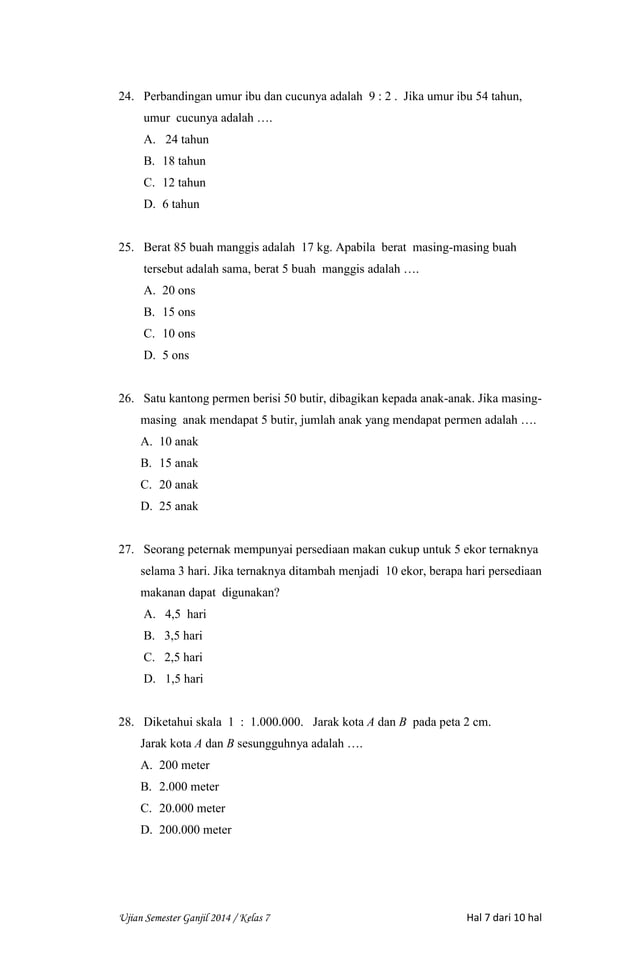 Soal ujian semester ganjil kls 7 tahun pelajaran 2014 2015 | PDF