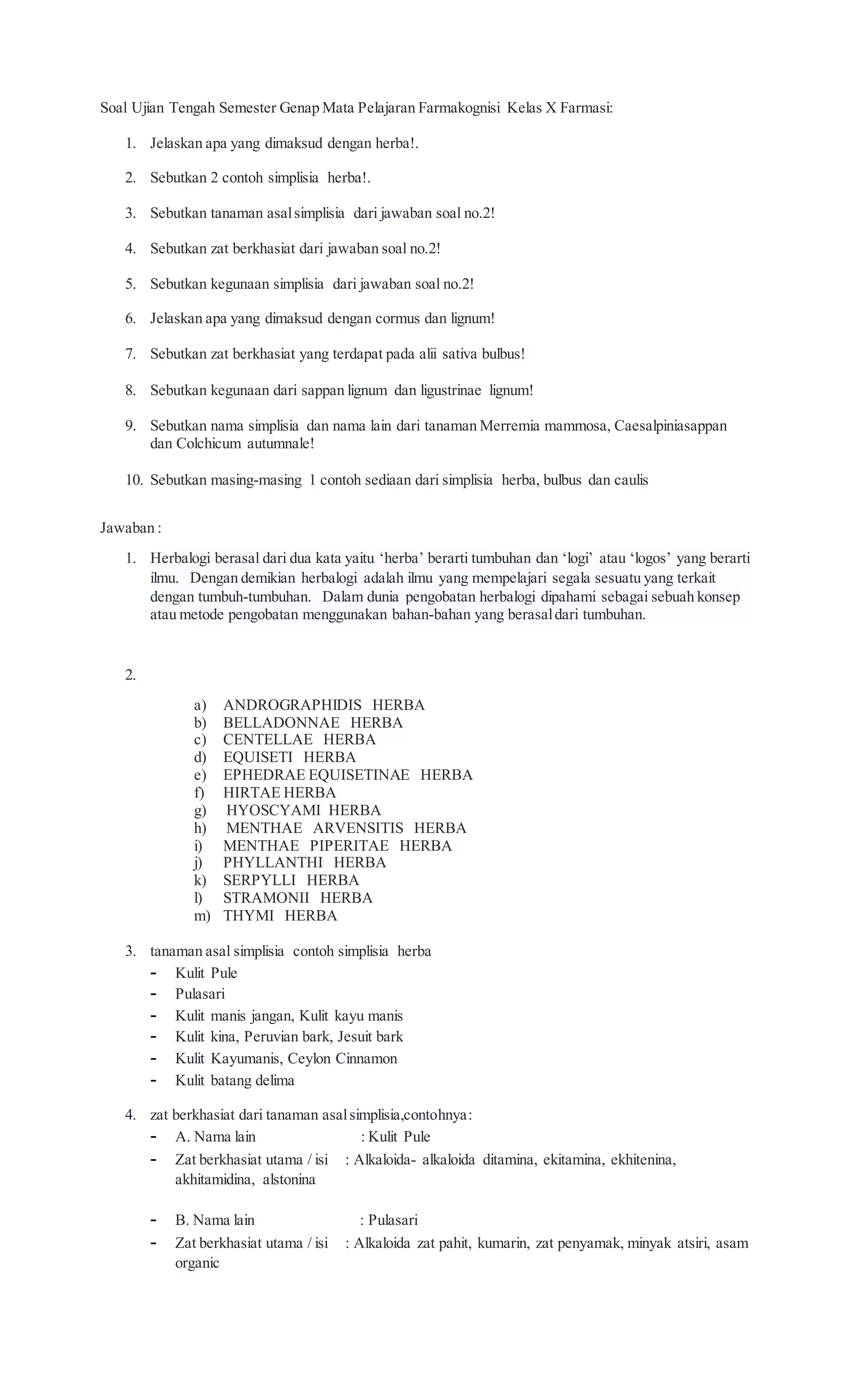 Soal farmakognisi kelas x farmasi | DOCX