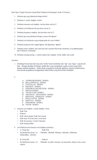 Soal farmakognisi kelas x farmasi | DOCX