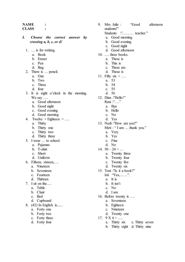 Soal bahasa inggris kelas 4 semester 2 | DOCX | Education
