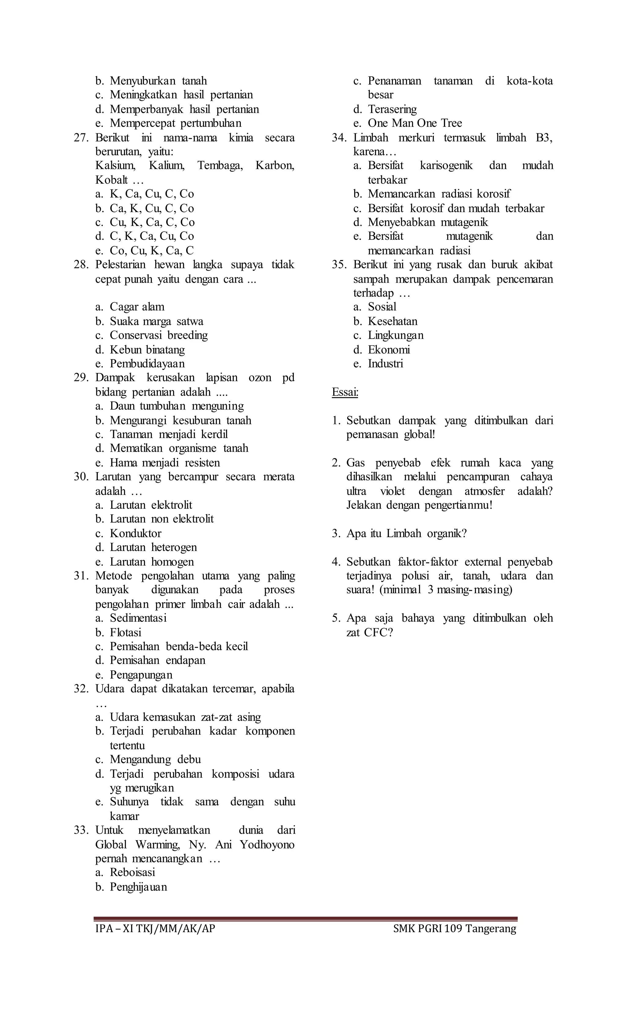 Soal ukk ipa smk kelas xi 2017 2018 | PDF