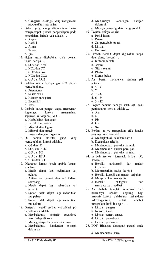 Soal ukk ipa smk kelas xi 2017 2018 | PDF