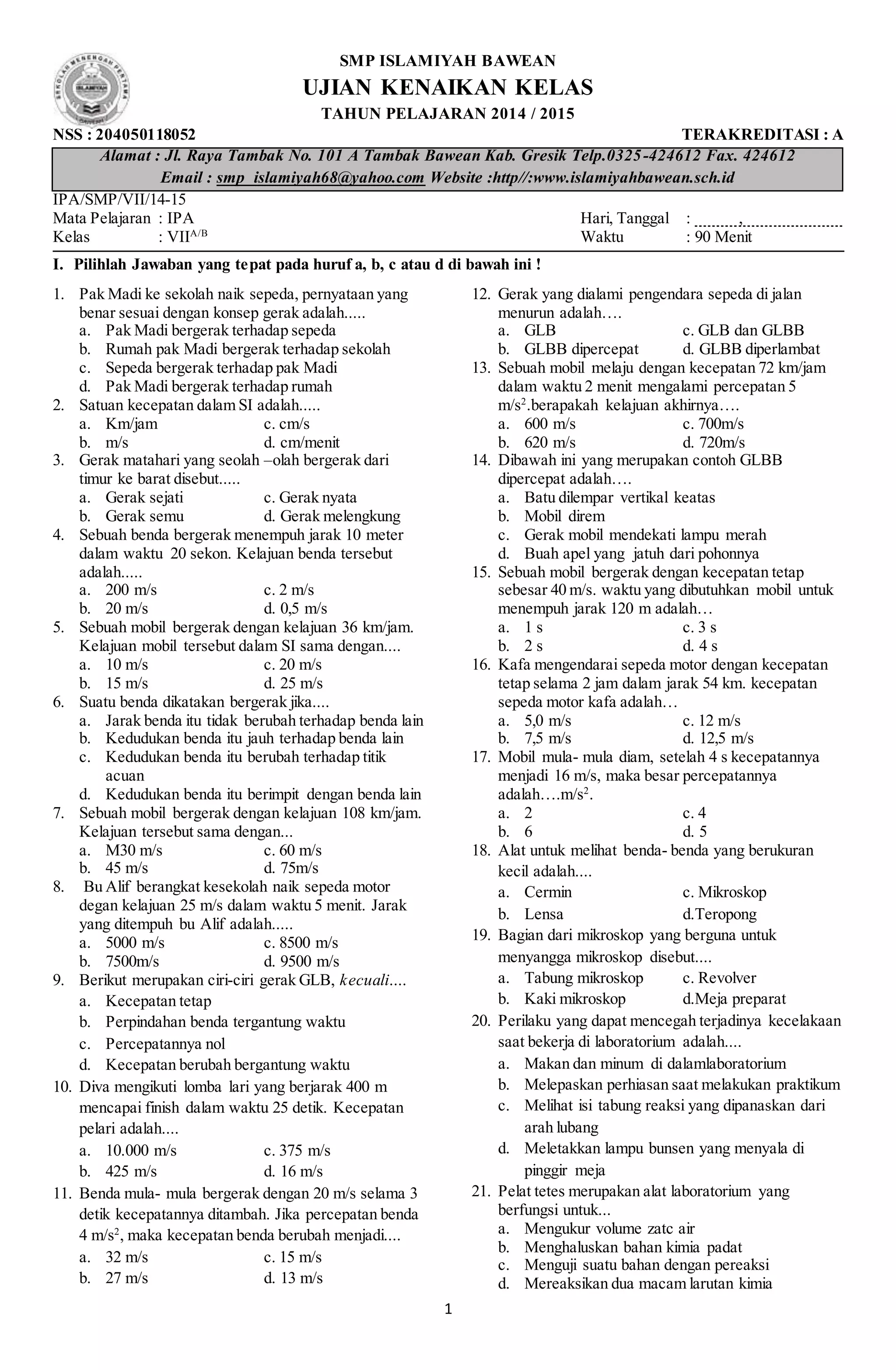 Soal ukk IPA kelas vii | DOCX