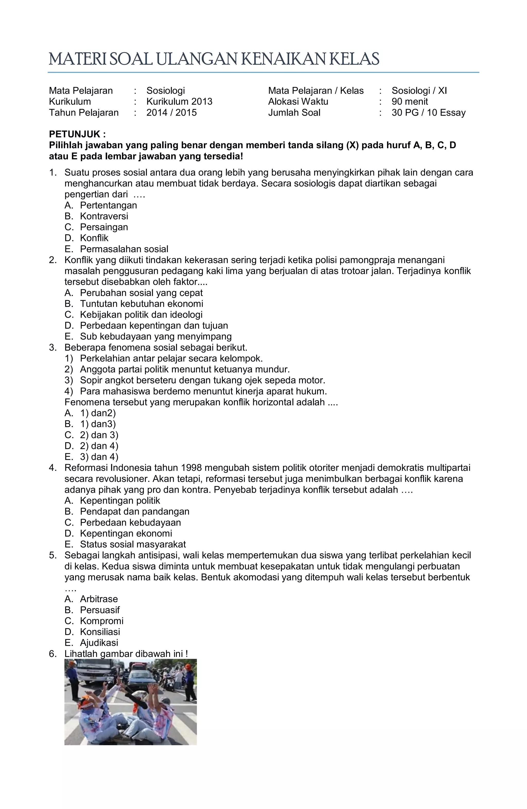 Soal UKK Sosiologi Kelas 11 & Kunci Jawaban (K-13) 2015 | PDF