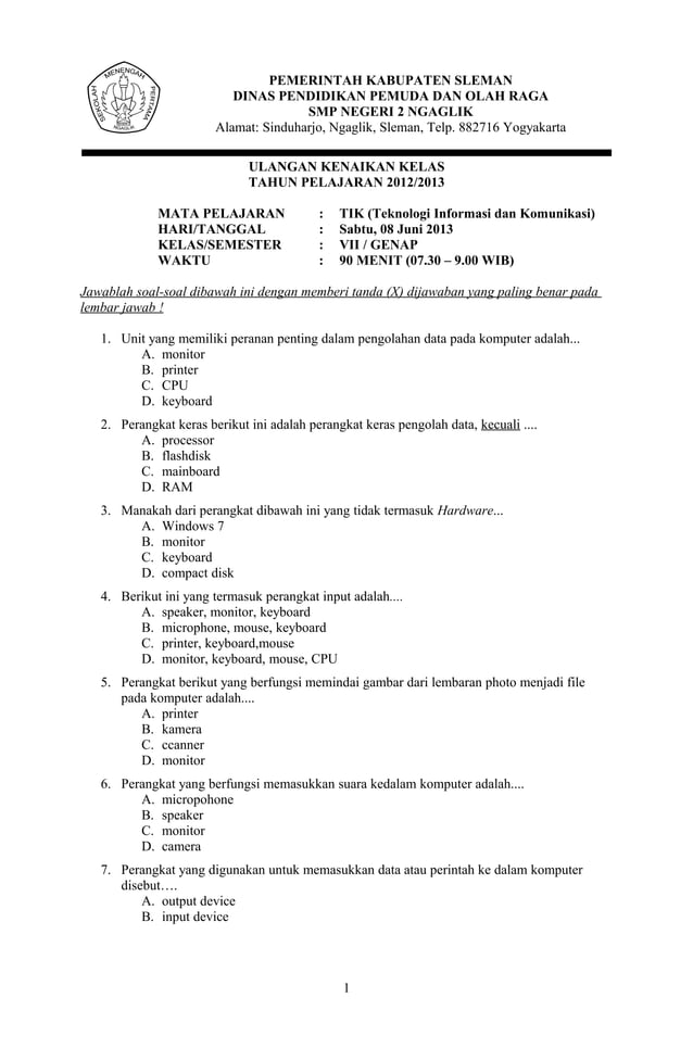 Soal ukk tik SMP kelas 7 tahun 2013 | PDF