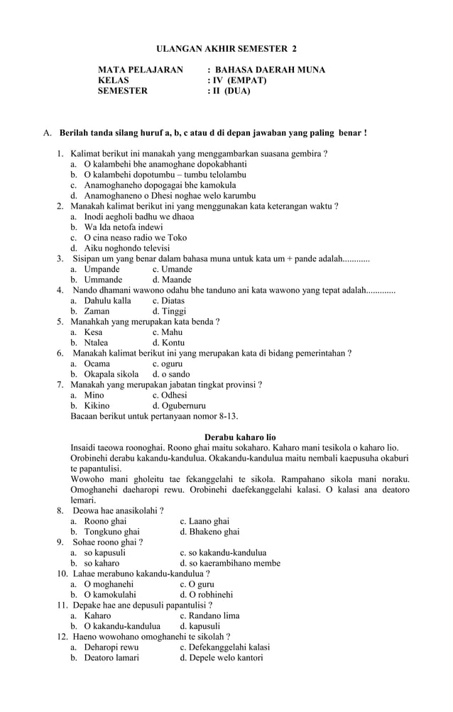 Soal ulangan akhir sd kelas iv raha | PDF