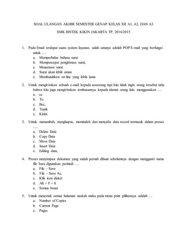 Soal ulangan akhir semester genap kelas xii kikin | PDF