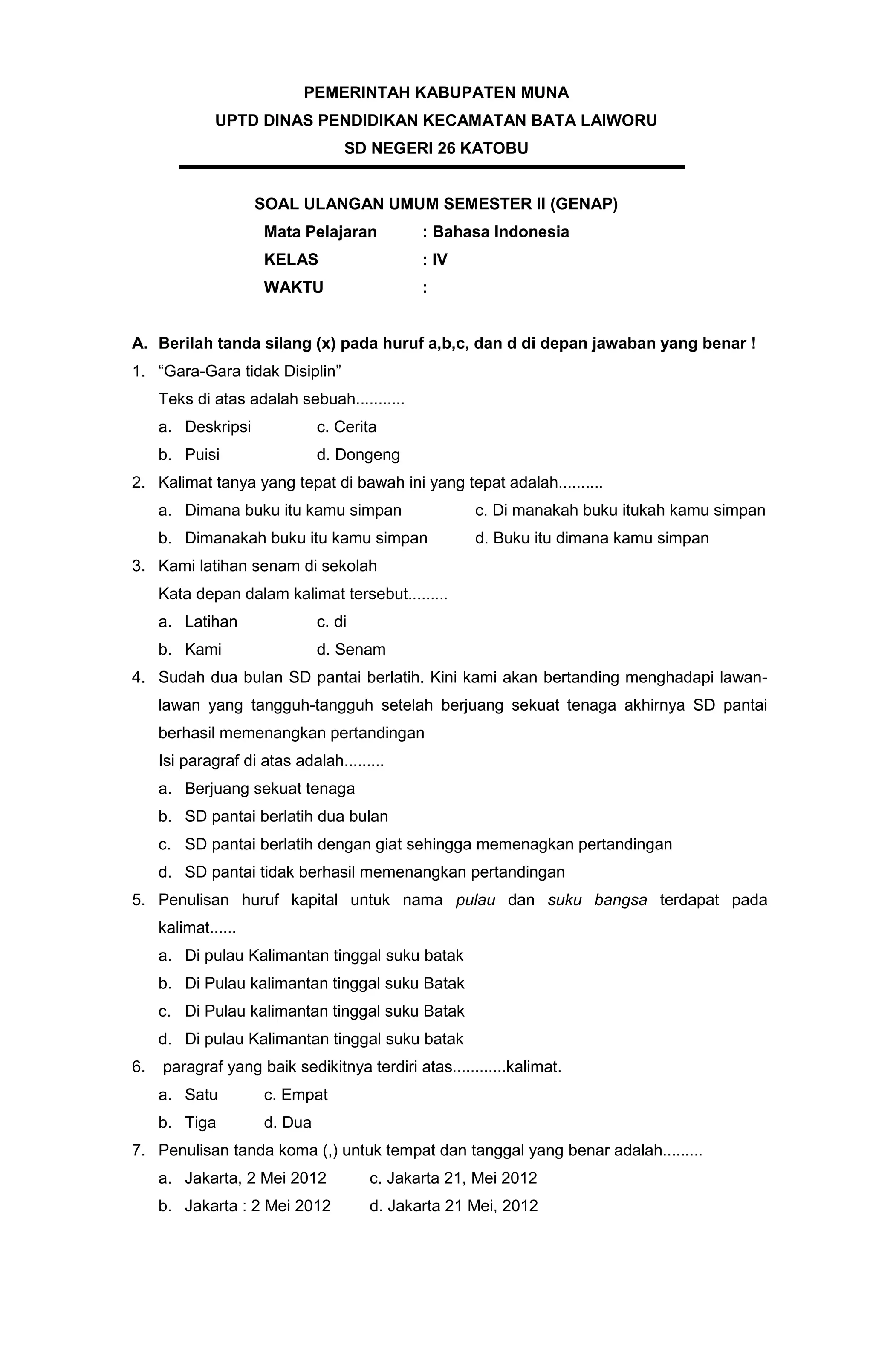 Soal ulangan bahasa indonesia kelas 4 | DOCX