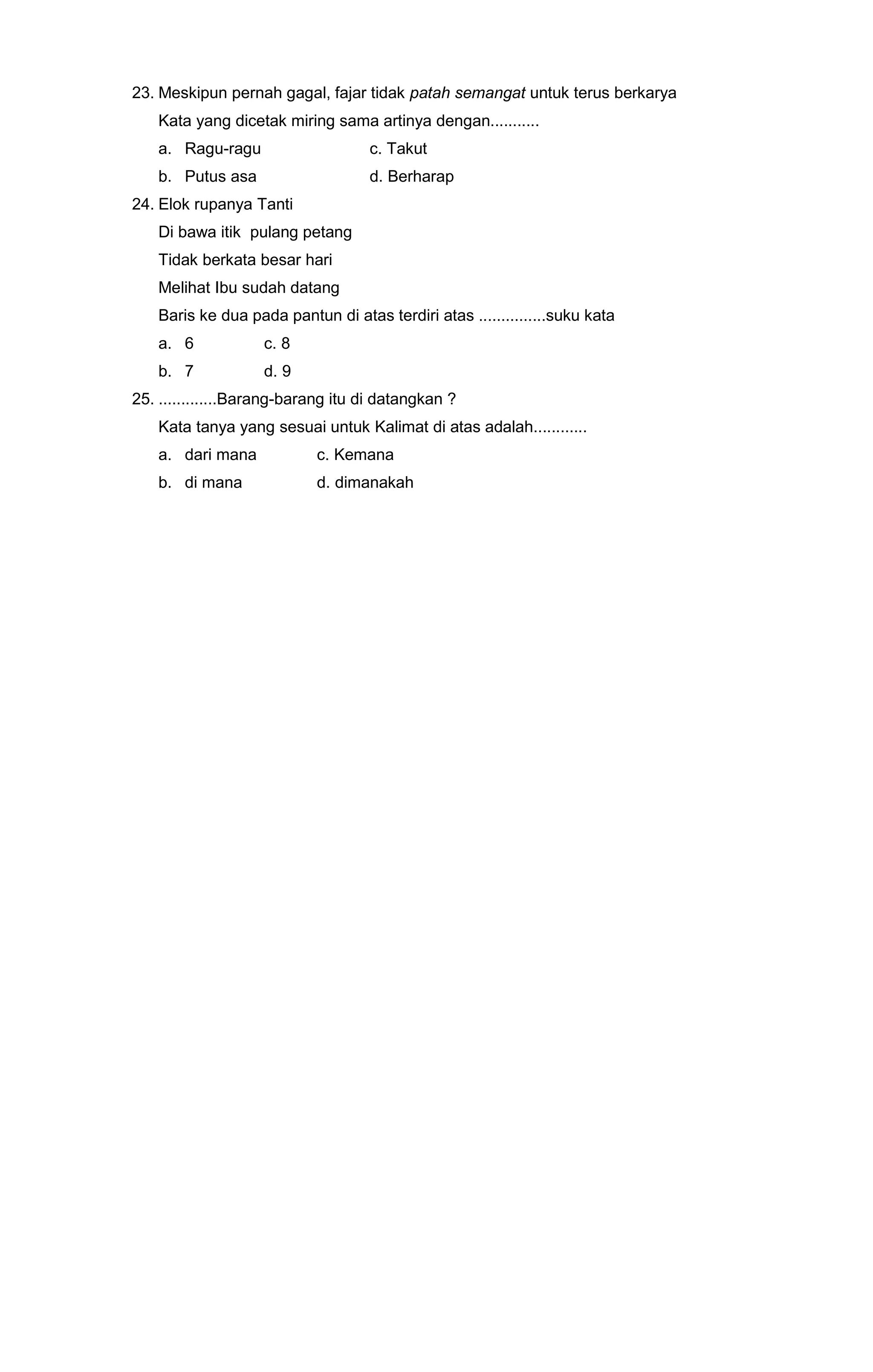 Soal ulangan bahasa indonesia kelas 4 | DOCX