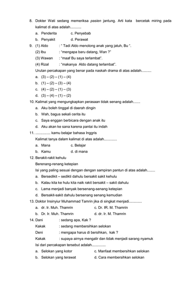 Soal ulangan bahasa indonesia kelas 4 | DOCX