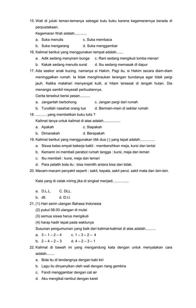 Soal ulangan bahasa indonesia kelas 4 | DOCX