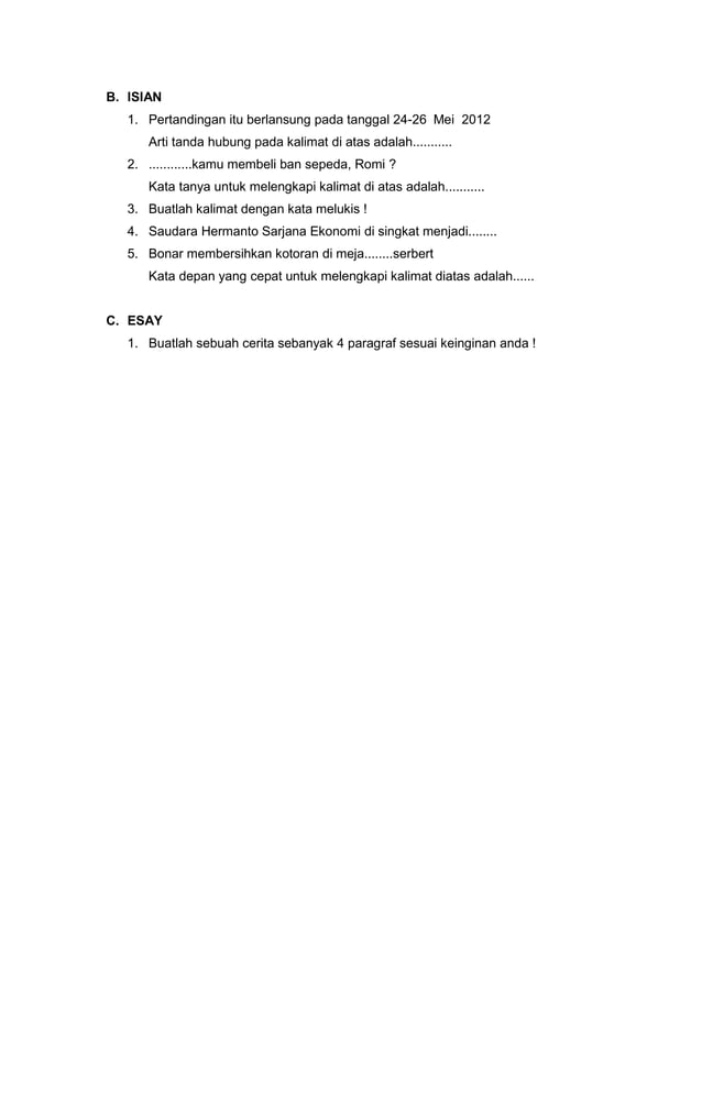 Soal ulangan bahasa indonesia kelas 4 | DOCX