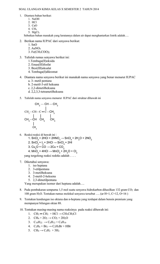 Soal ulangan kimia kelas x semester 2 tahun 2014 sma unggul pijay | DOCX