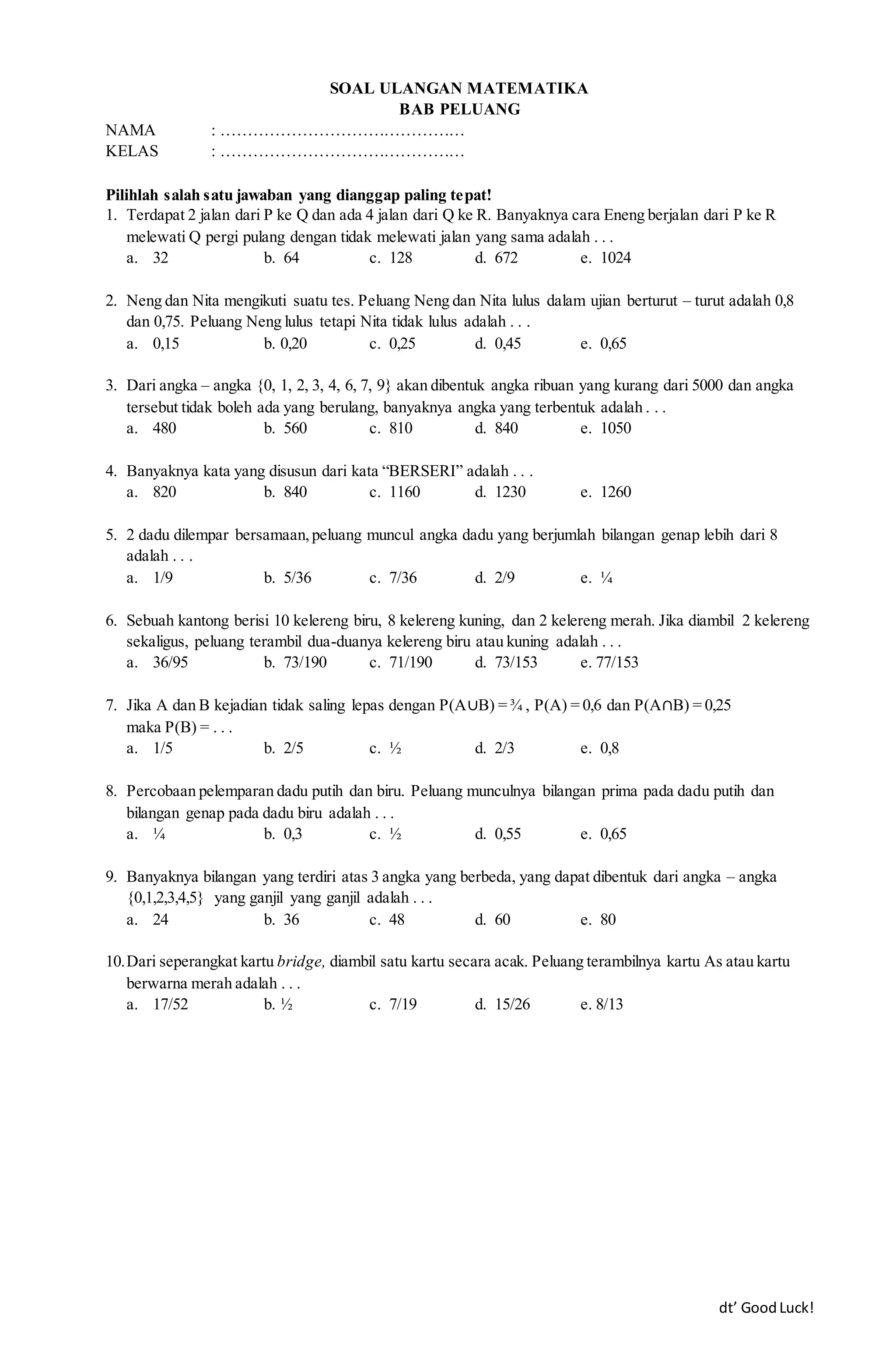 Soal ulangan matematika kls xii peluang | PDF