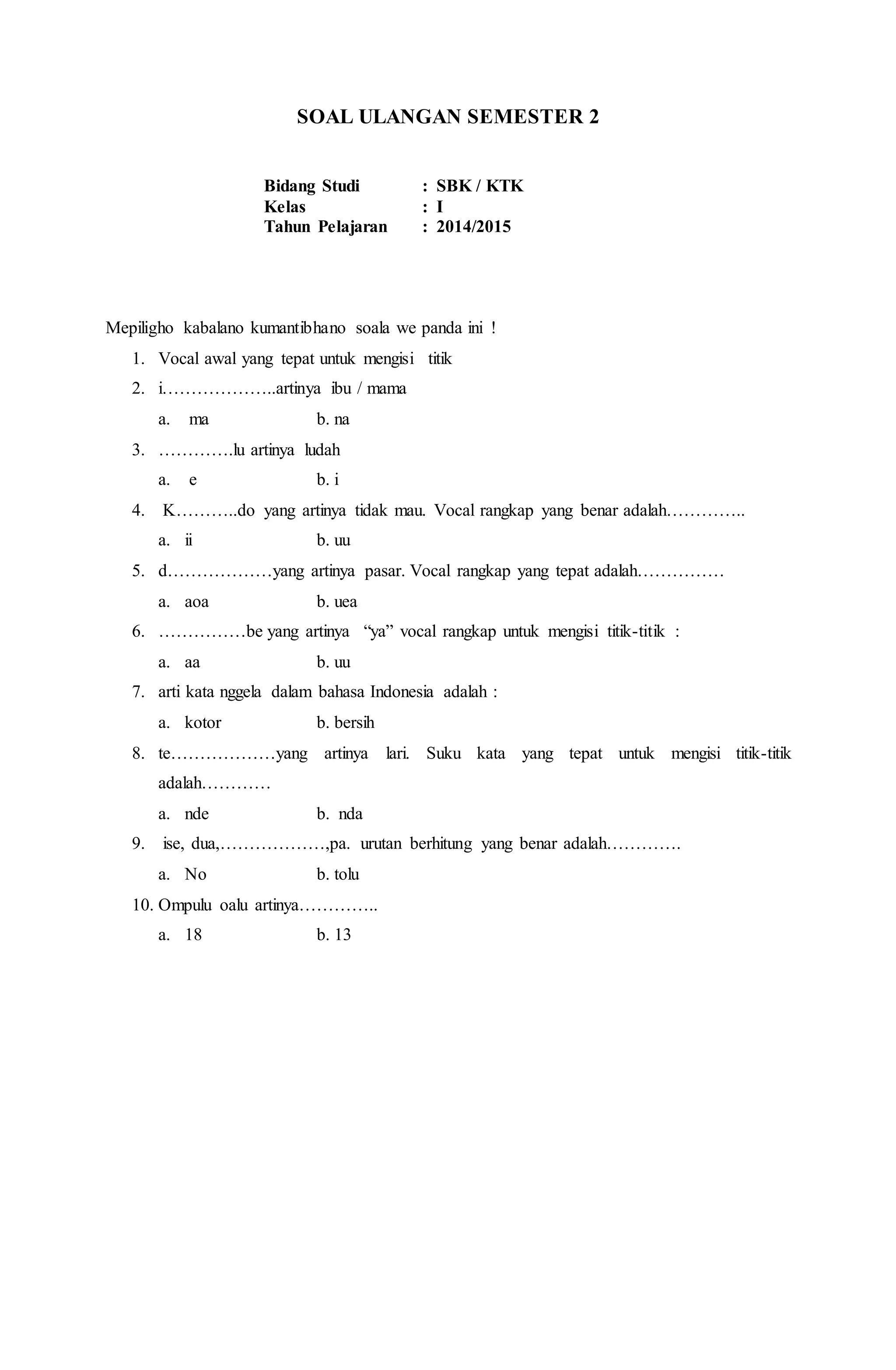 Soal ulangan sd | PDF