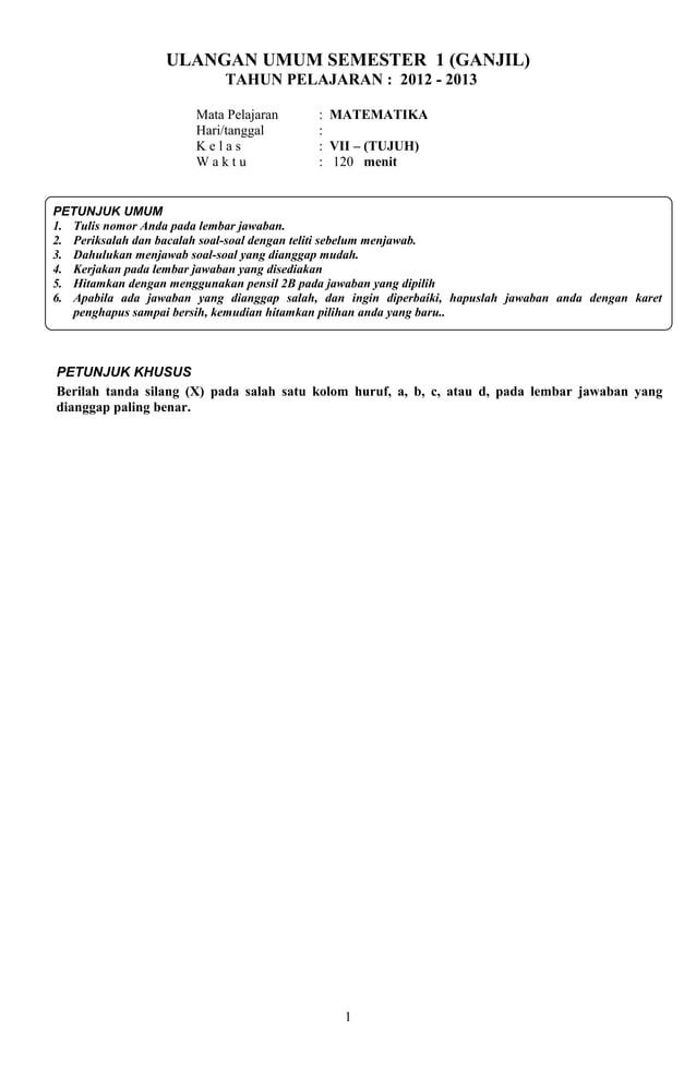 Soal ulangan umum semester i smp kelas vii matematika arini | DOC