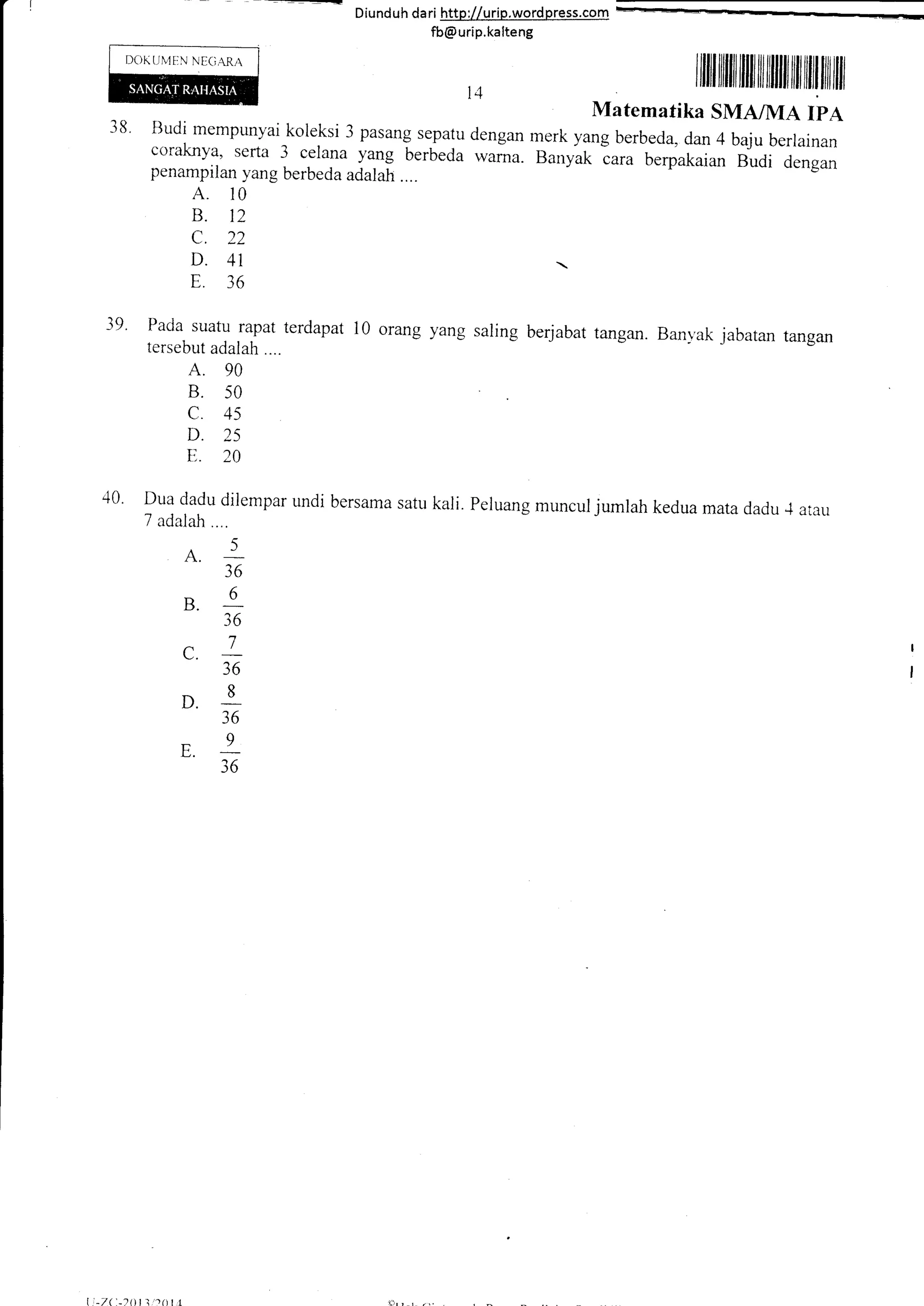 Soal un matematika ipa sma tahun 2014 10 | PDF