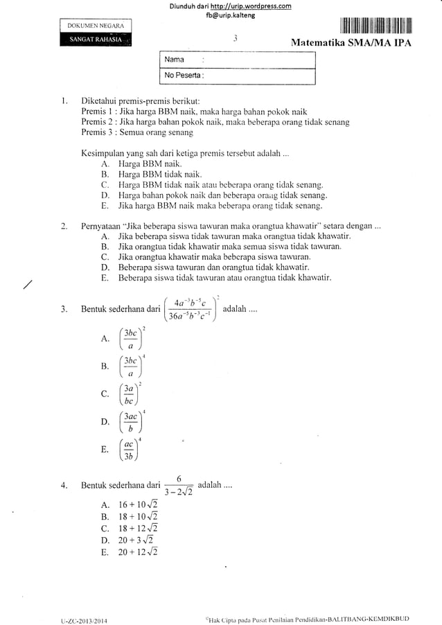 Soal un matematika ipa sma tahun 2014 10 | PDF