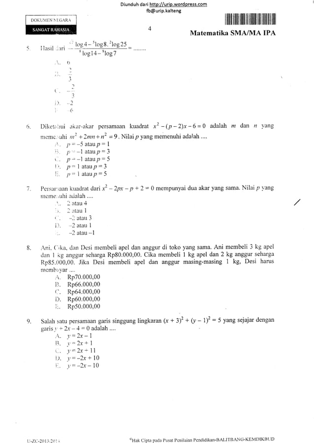 Soal un matematika ipa sma tahun 2014 10 | PDF