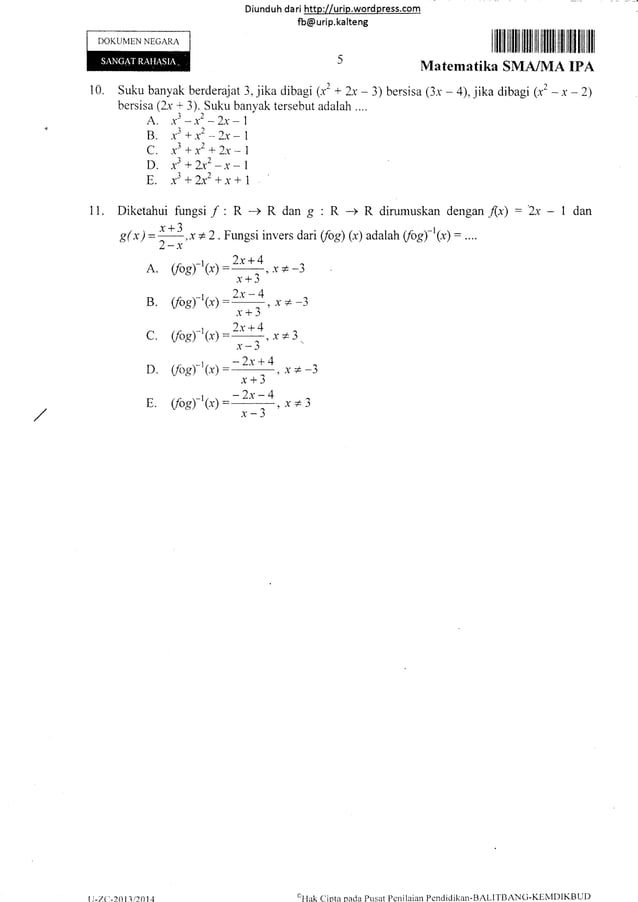 Soal un matematika ipa sma tahun 2014 10 | PDF