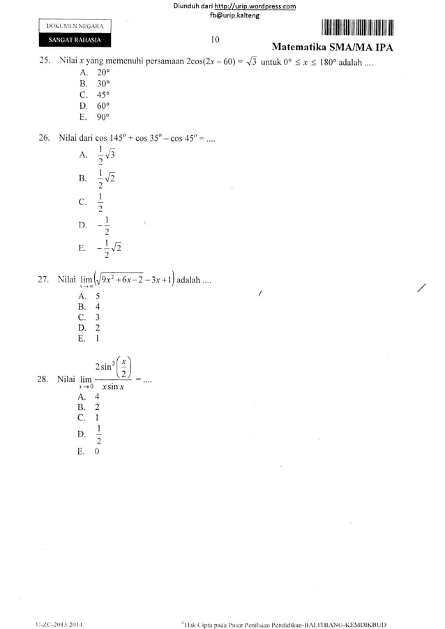 Soal un matematika ipa sma tahun 2014 10 | PDF