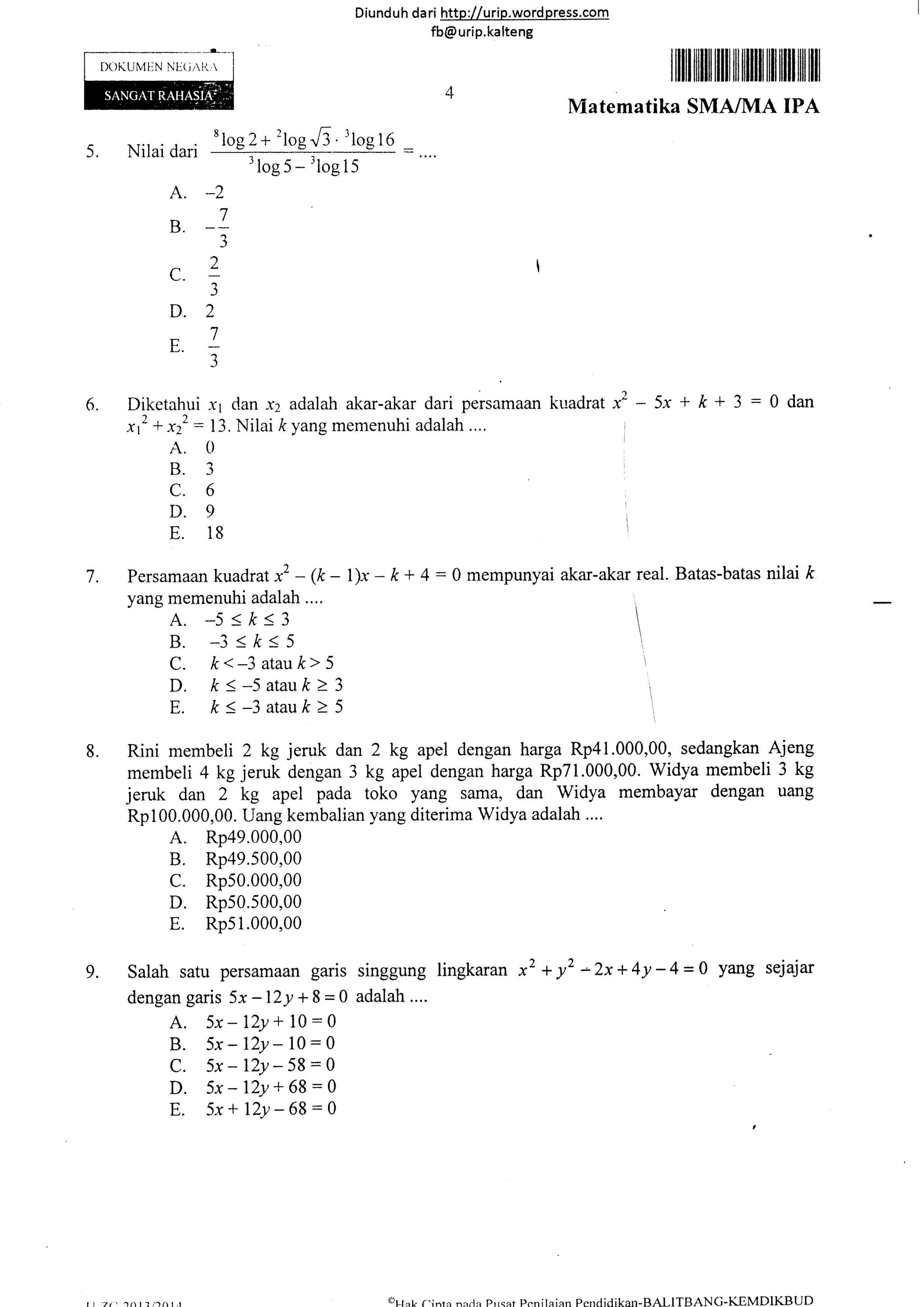 Soal un matematika ipa sma tahun 2014 11 | PDF