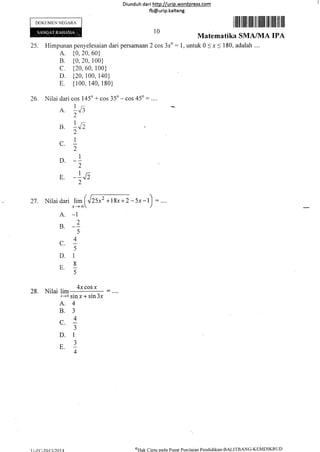 Soal un matematika ipa sma tahun 2014 11 | PDF