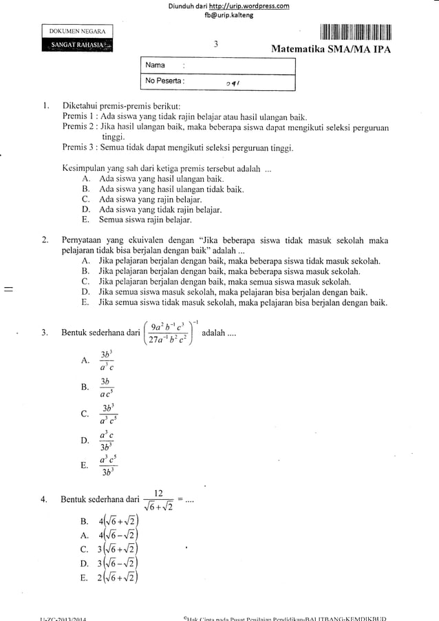 Soal un matematika ipa sma tahun 2014 13 | PDF