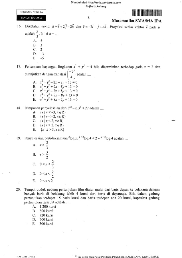 Soal un matematika ipa sma tahun 2014 13 | PDF