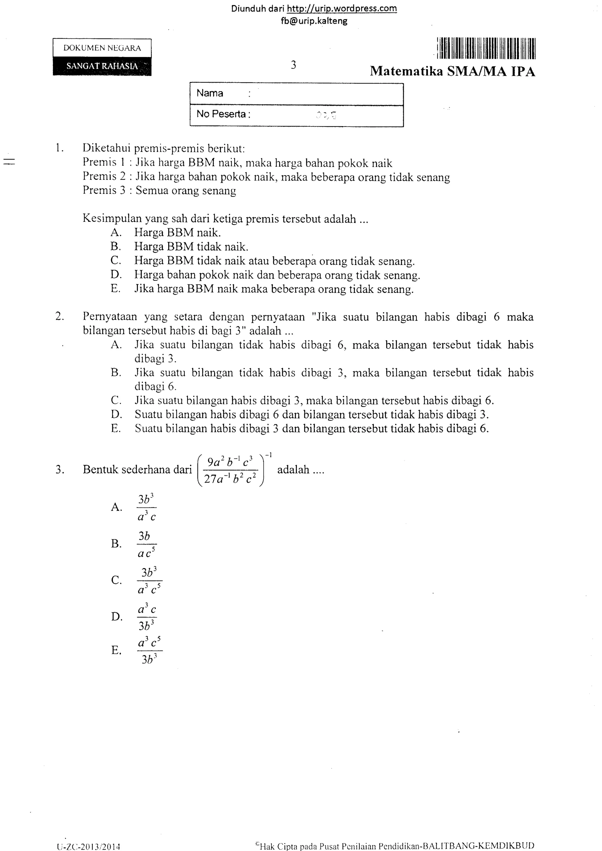 Soal un matematika ipa sma tahun 2014 14 | PDF