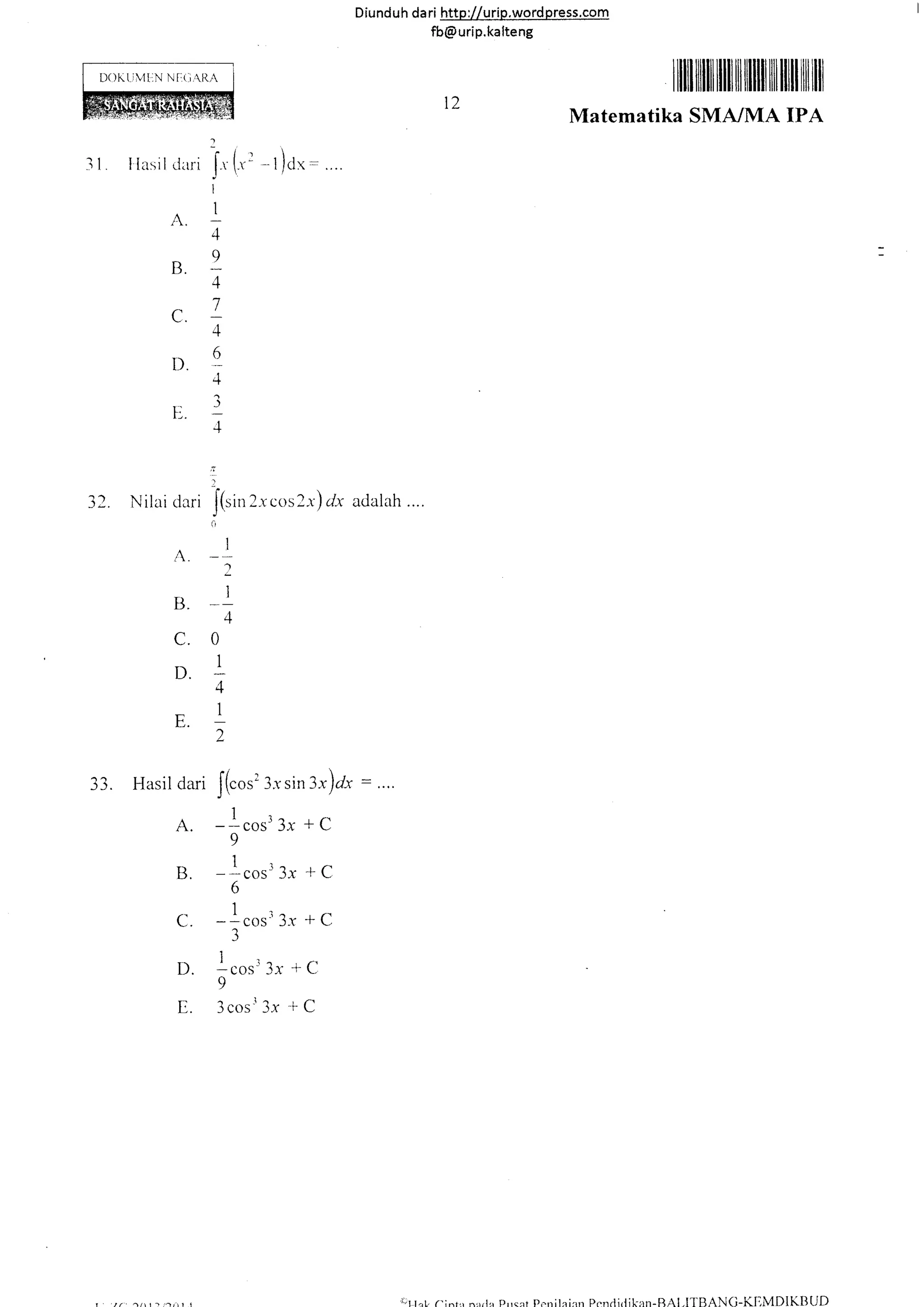 Soal un matematika ipa sma tahun 2014 14 | PDF